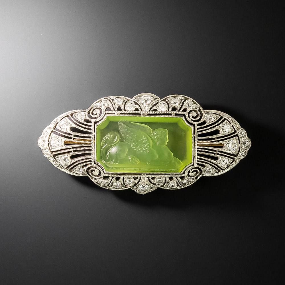 Art Deco Lamassu/Sphinx Glass Cameo Brooch