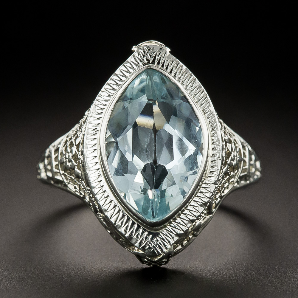 Art Deco Marquise-Cut Aquamarine Filigree Ring