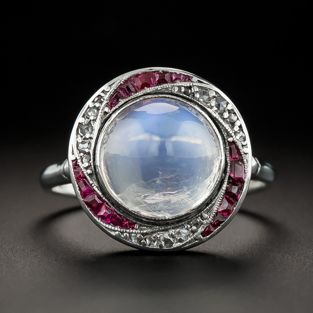 Art Deco Moonstone, Ruby, and Diamond Ring