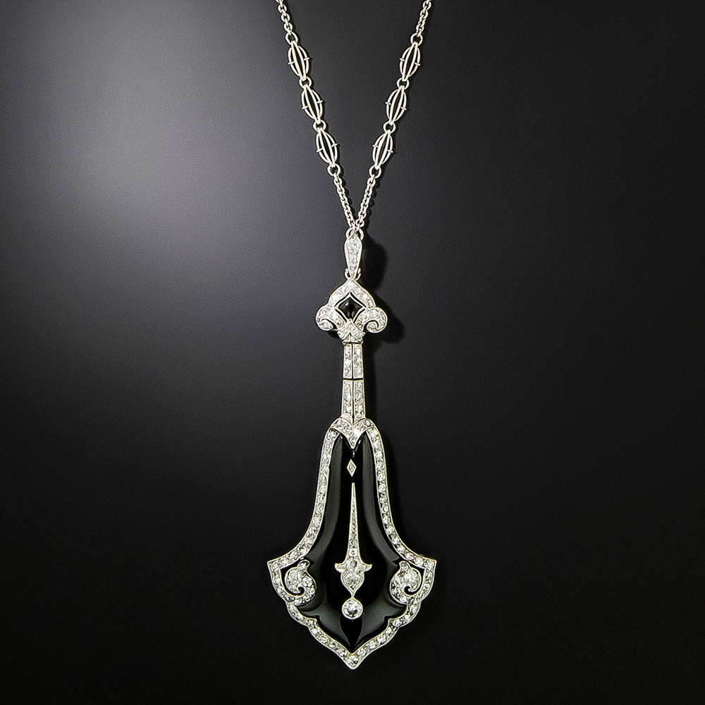 Art Deco Onyx and Diamond Lavalière Necklace