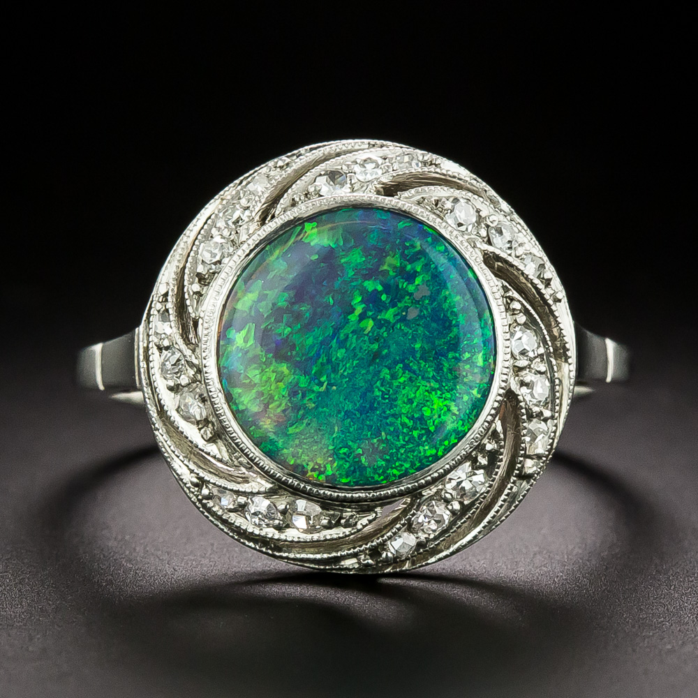 Art Deco Opal and Diamond Swirl Ring