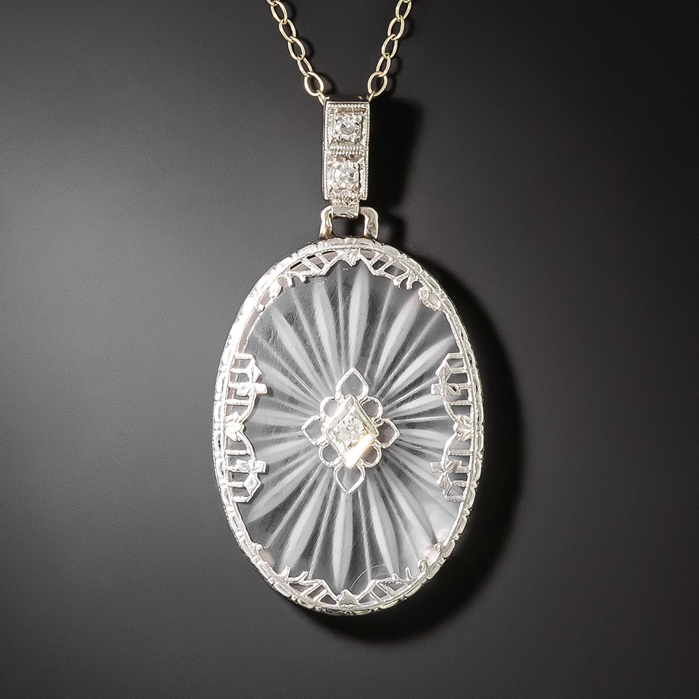 Art Deco Oval Rock Crystal and Diamond Pendant