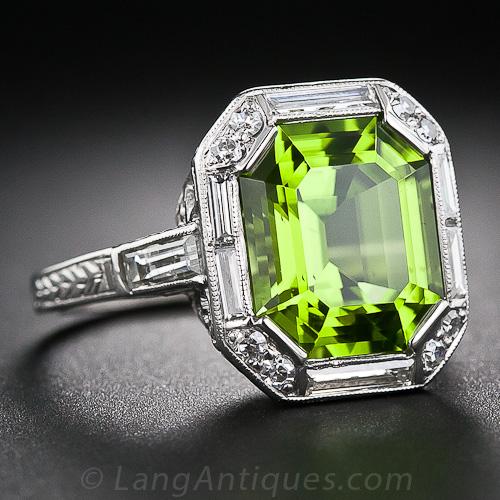 Art Deco Peridot, Platinum and Diamond Ring