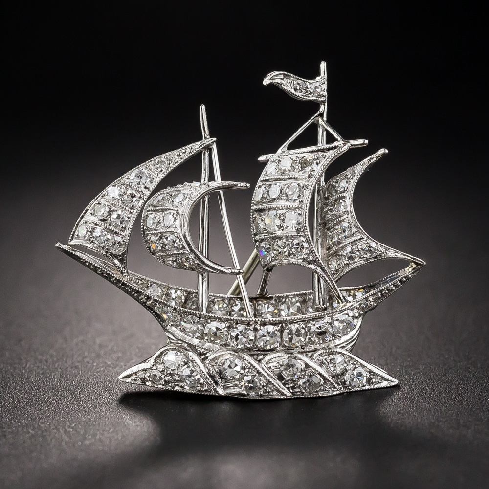 Art Deco Platinum and Diamond Schooner Brooch