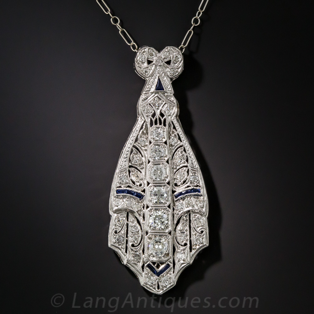 Art Deco Platinum Diamond and Sapphire Pendant