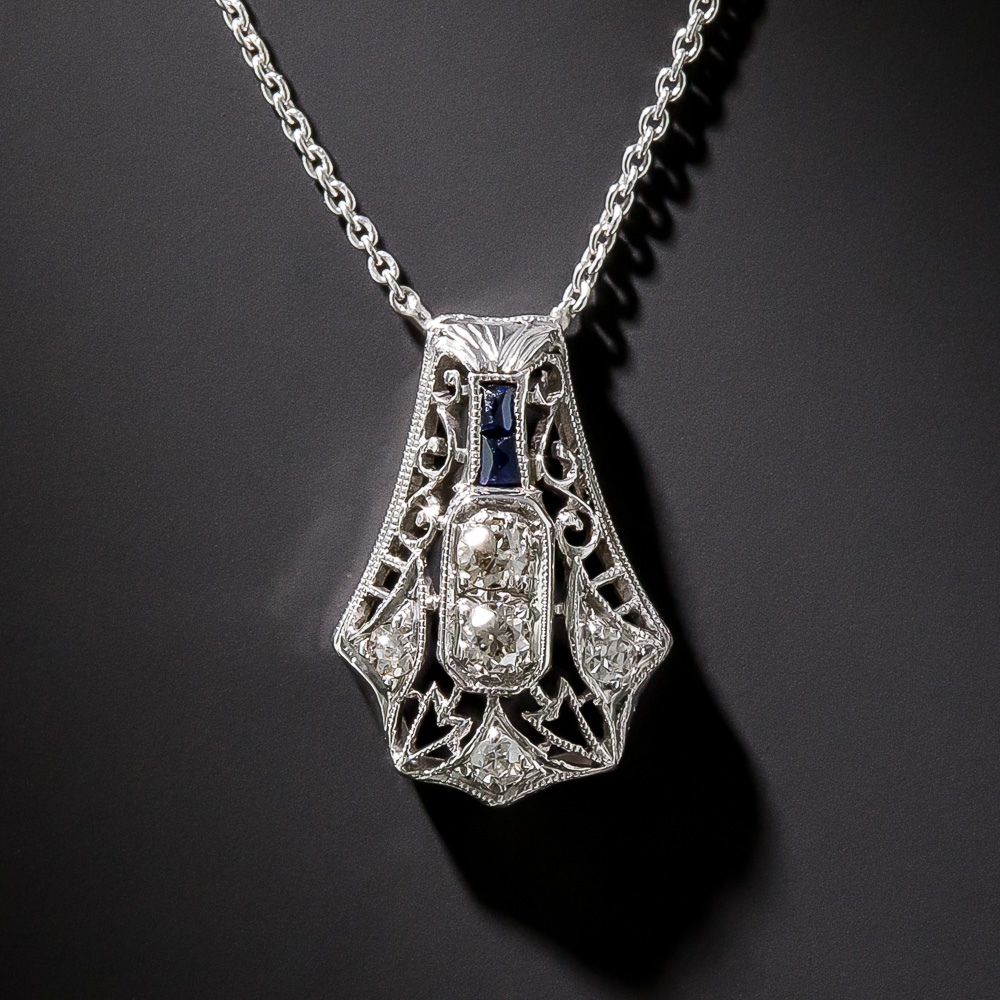 Art Deco Platinum, Diamond and Sapphire Pendant