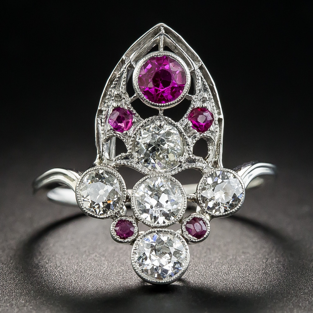 Edwardian Platinum Diamond Ruby Dinner Ring
