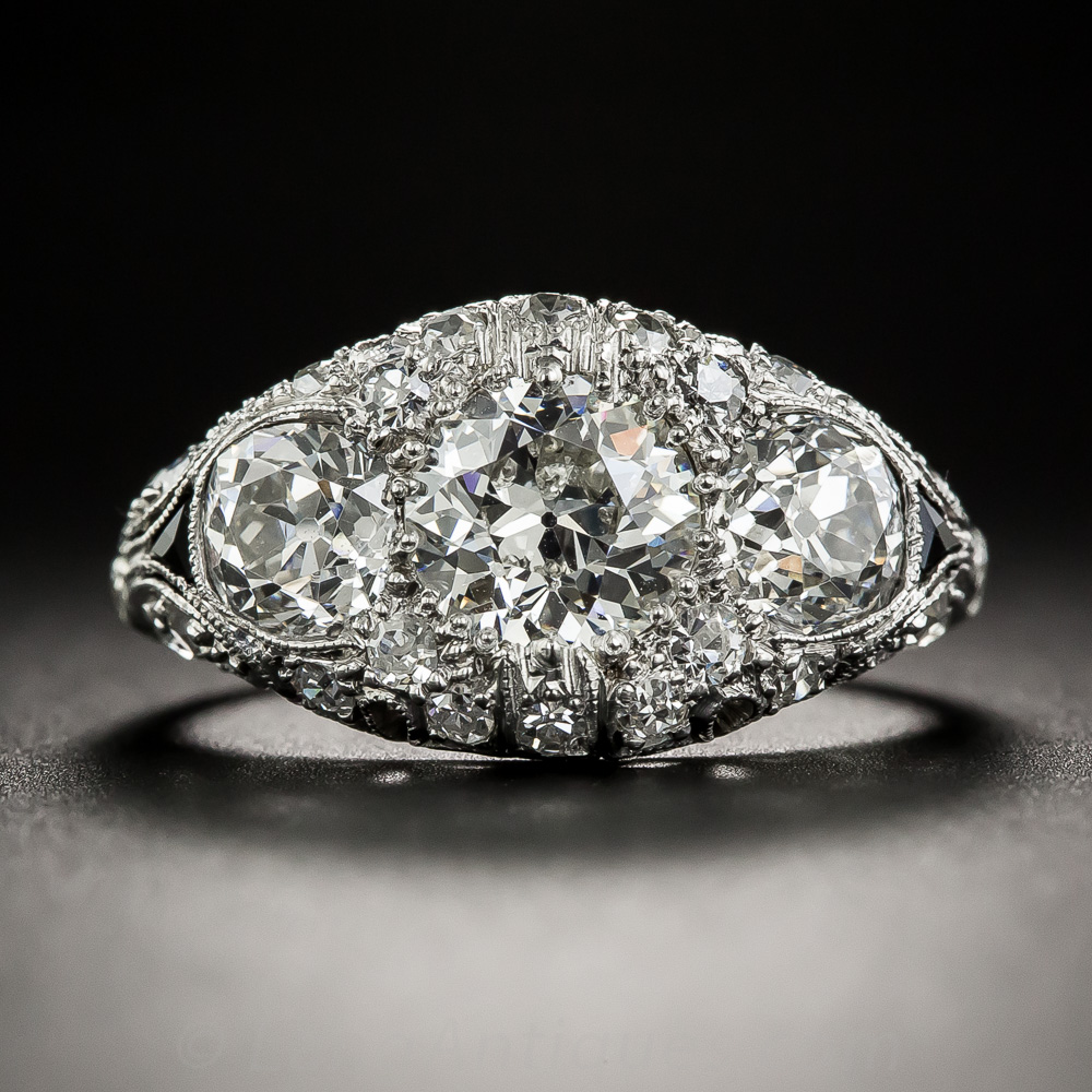 Art Deco Platinum Diamond Three Stone with Onyx