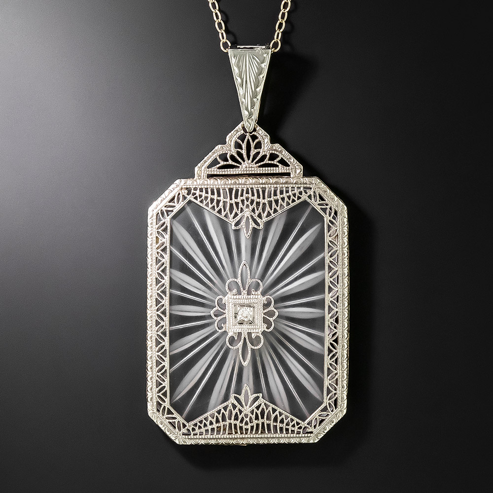 Art Deco Rock Crystal and Diamond Octagonal Pendant Necklace