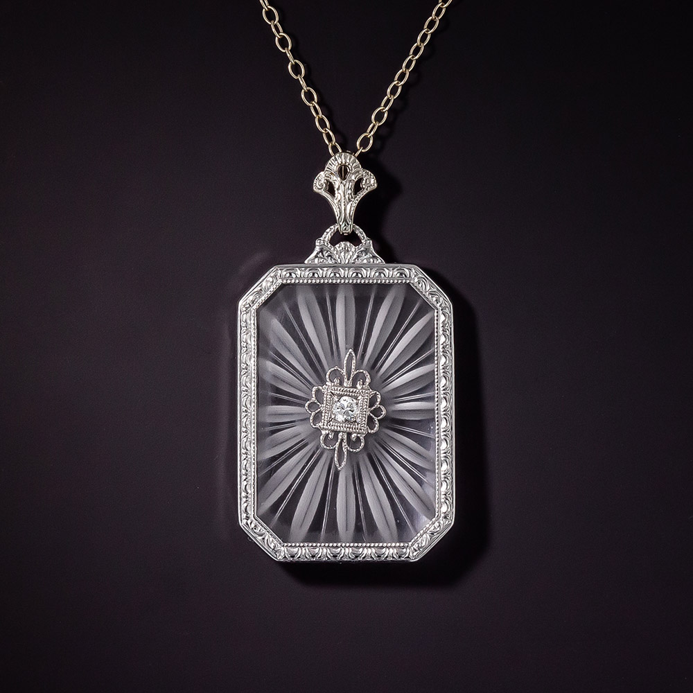Art Deco Rock Crystal Quartz and Diamond Pendant