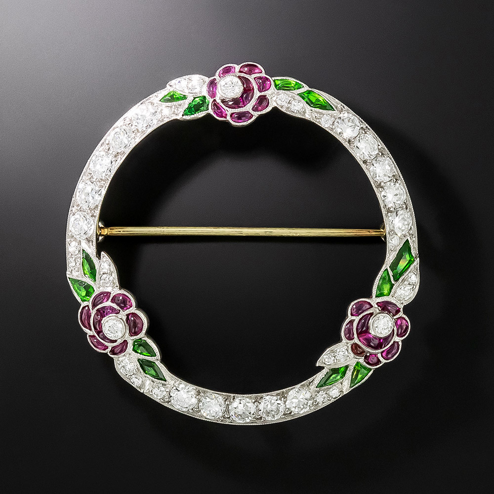 Art Deco Ruby, Demantoid Garnet and Diamond Circle Brooch