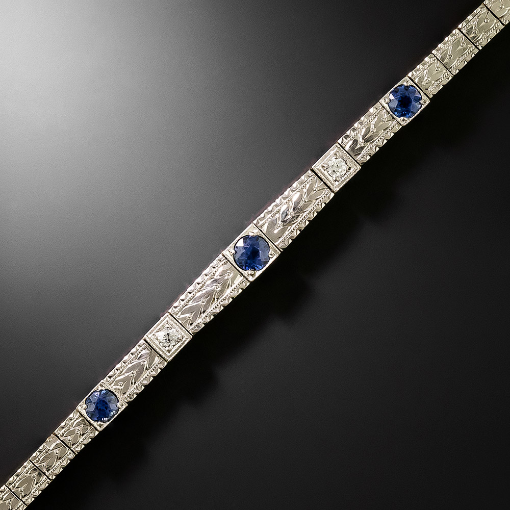 Art Deco Sapphire and Diamond Engraved Line Bracelet