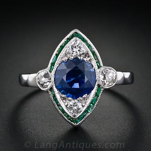 Art Deco Sapphire, Diamond & Emerald Ring