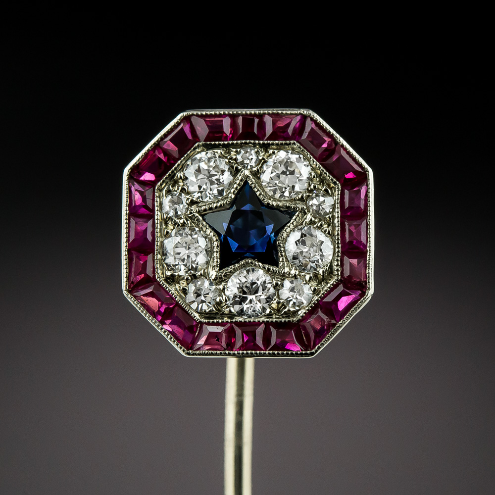 Art Deco Sapphire, Ruby and Diamond Stickpin by Bailey, Banks, and Biddle
