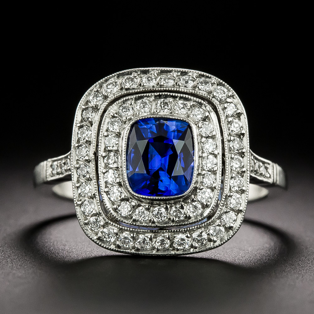 Art Deco-Style 1.14 Carat Ceylon Sapphire Double Diamond Halo Ring - GIA