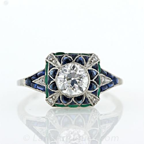 Art Deco Style Diamond, Emerald and Sapphire Ring