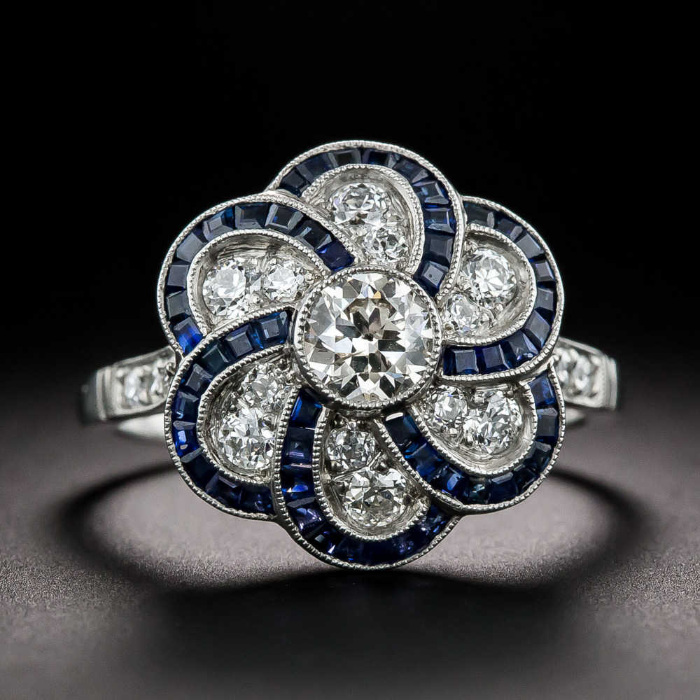 Art Deco Style Pinwheel Diamond and Sapphire Ring
