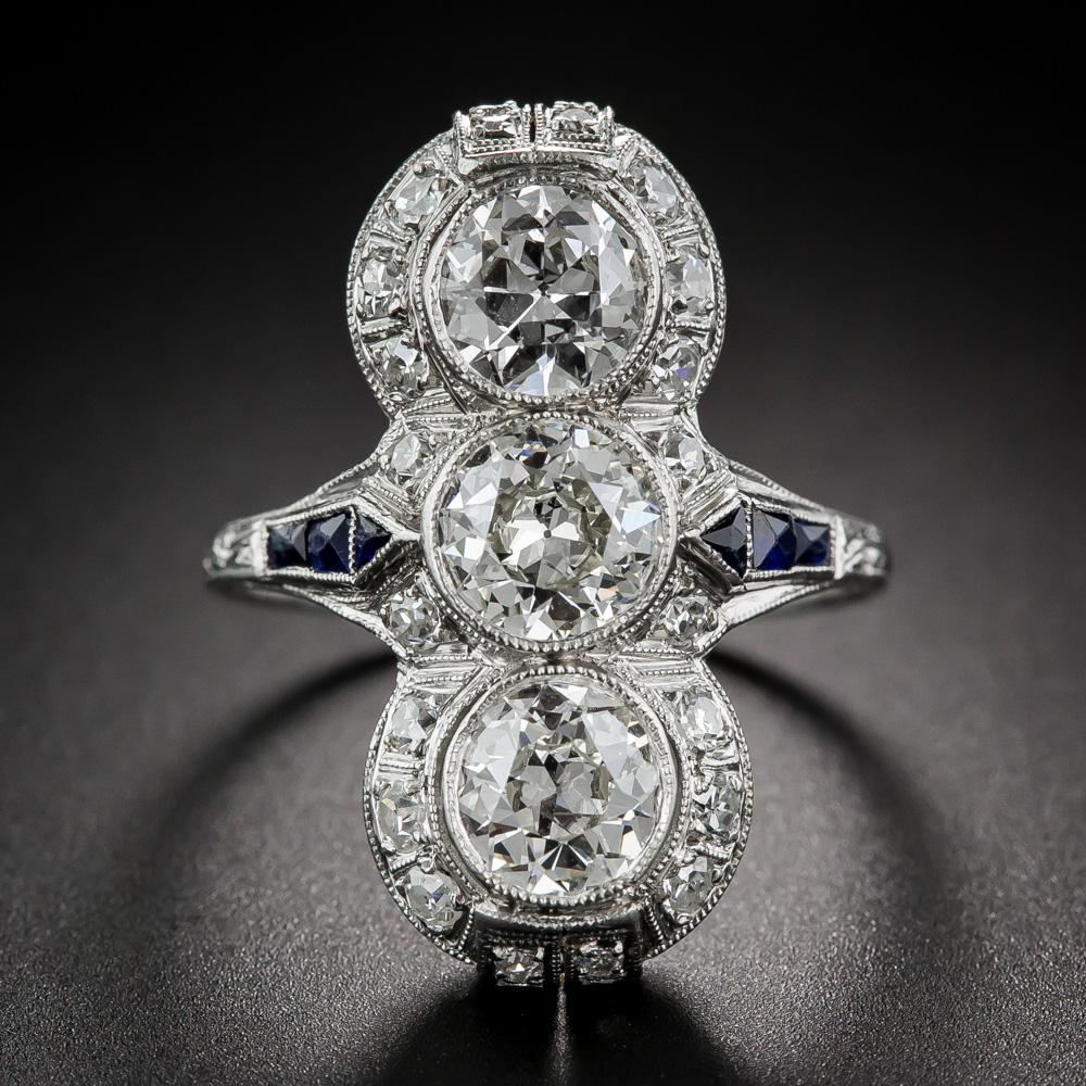 Art Deco Three-Stone Diamond and Sapphire* Dinner Ring