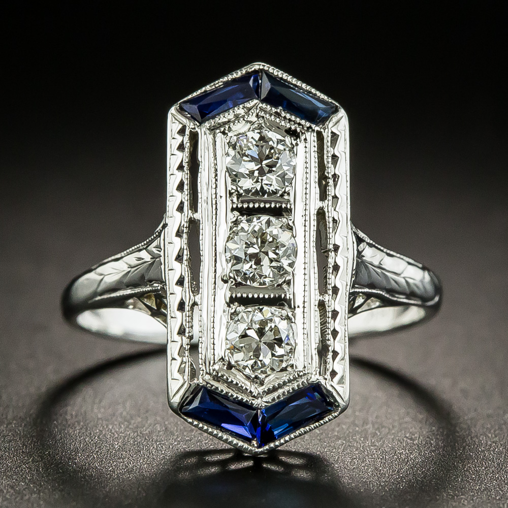 Art Deco Three-Stone Diamond and Sapphire Dinner Ring
