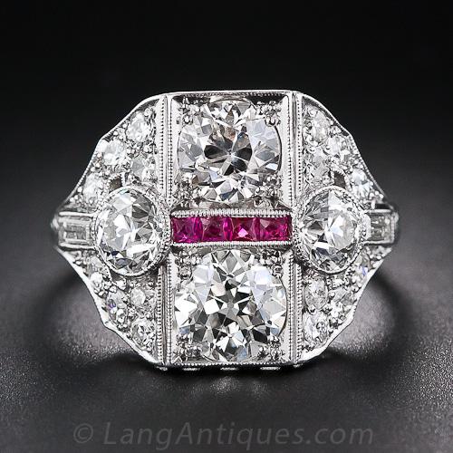 Art Deco Twin Diamond and Calibre Ruby Dinner Ring