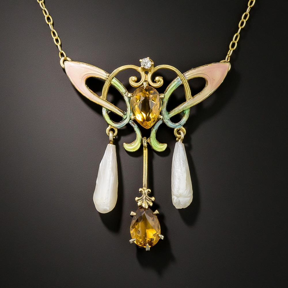 Art Nouveau Citrine Enamel and Diamond Necklace by Ehrlich and Sinnock