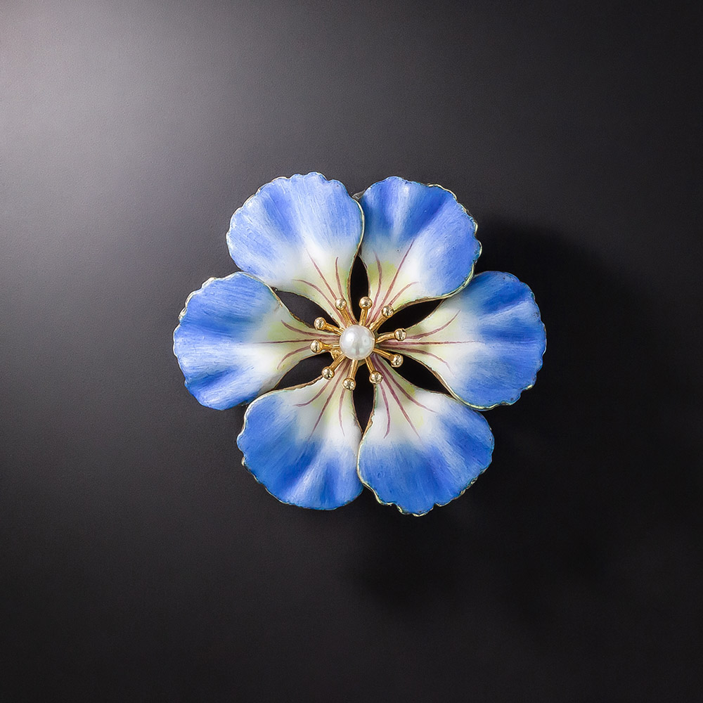 Art Nouveau Enamel Blue Flower Pin by Alberts & Bick