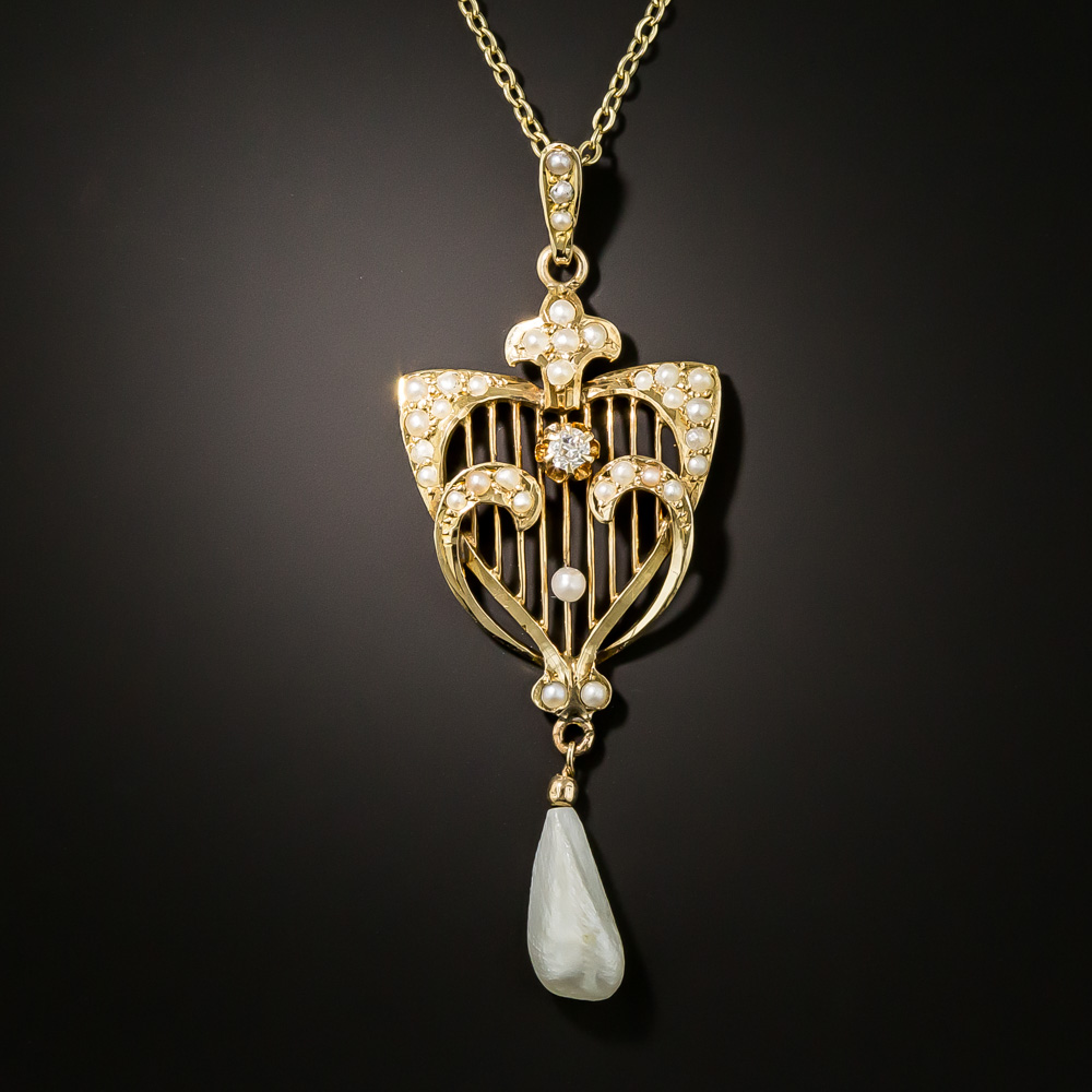 Art Nouveau Lyre and Heart Necklace