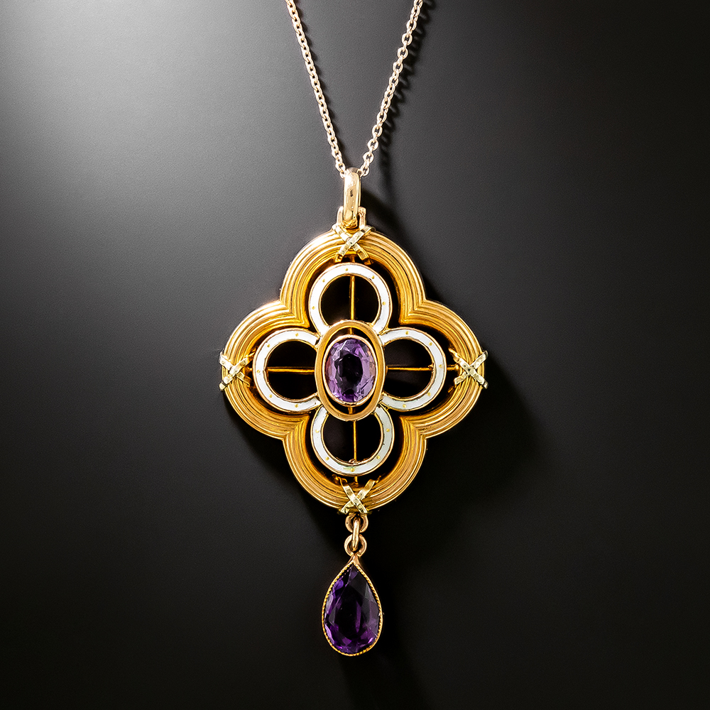 Arts & Crafts Amethyst and White Enamel Necklace, English