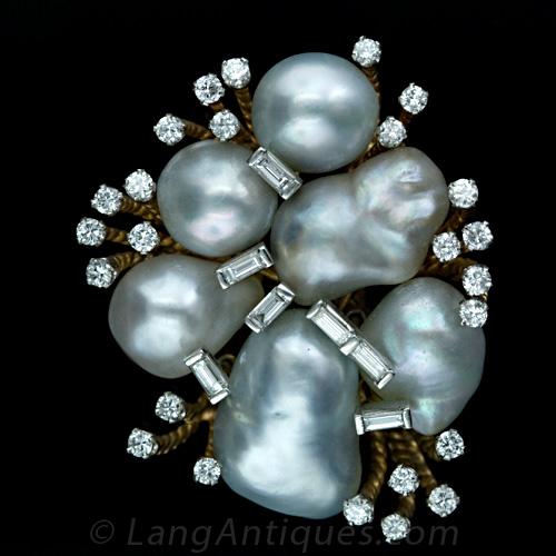 Baroque Pearl and Diamond Pin
