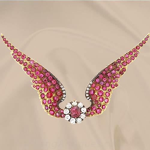 Beautiful Victorian Ruby and Diamond Wing Motif Pin