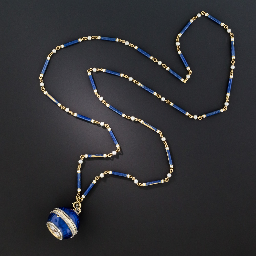 Belle Epoque Guilloche Blue Enamel Diamond Ball Watch and Necklace