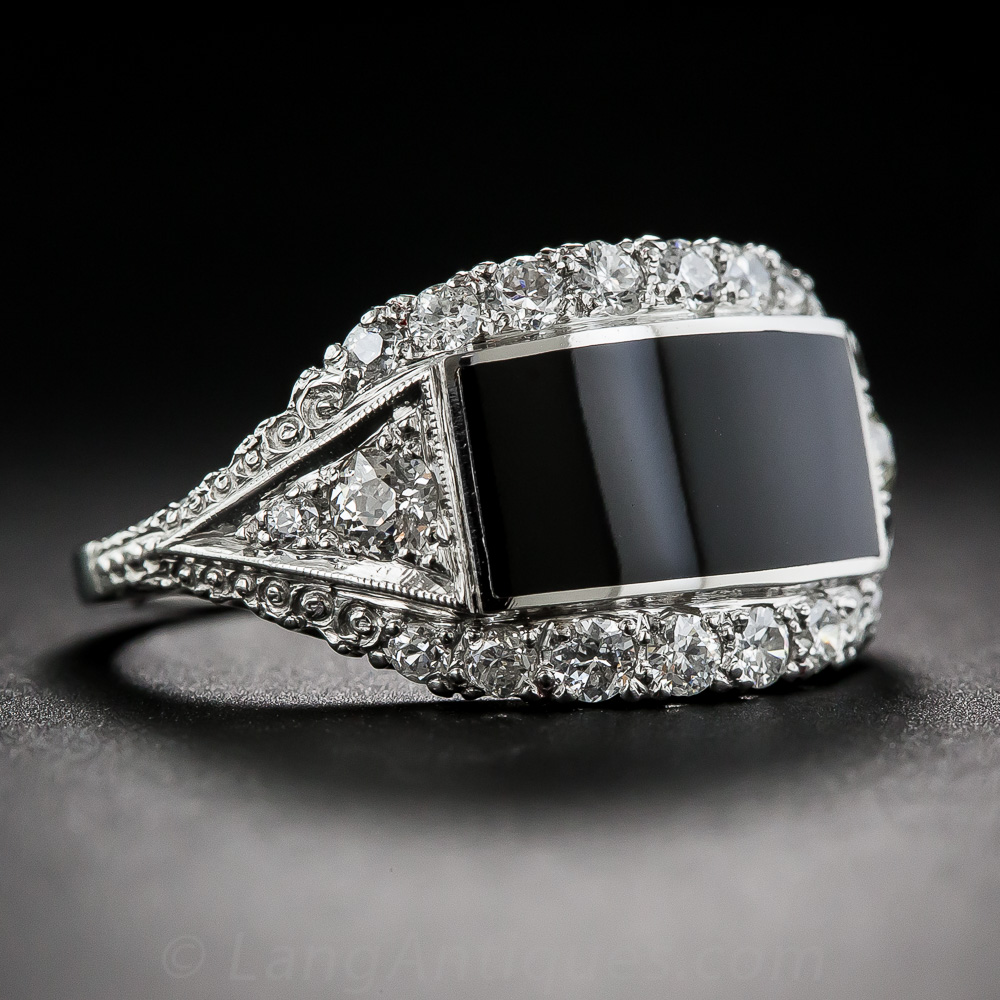 Black Jade, Platinum and Diamond Saddle Ring