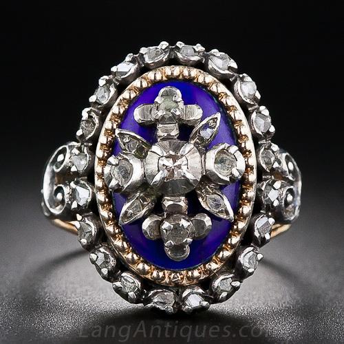 Blue Enamel and Diamond Ring