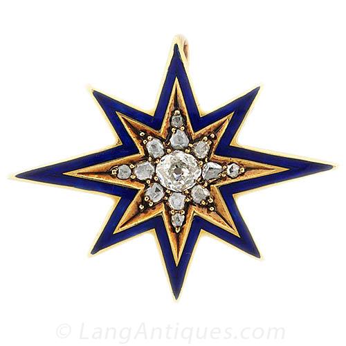 Blue Enamel and Diamond Star Pin