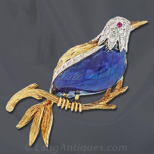 Blue Enamel Bird Motif Pin