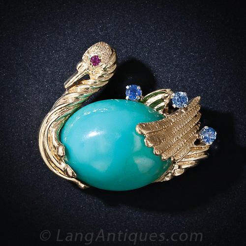 Blue Stone, Sapphire and Ruby Swan Pin