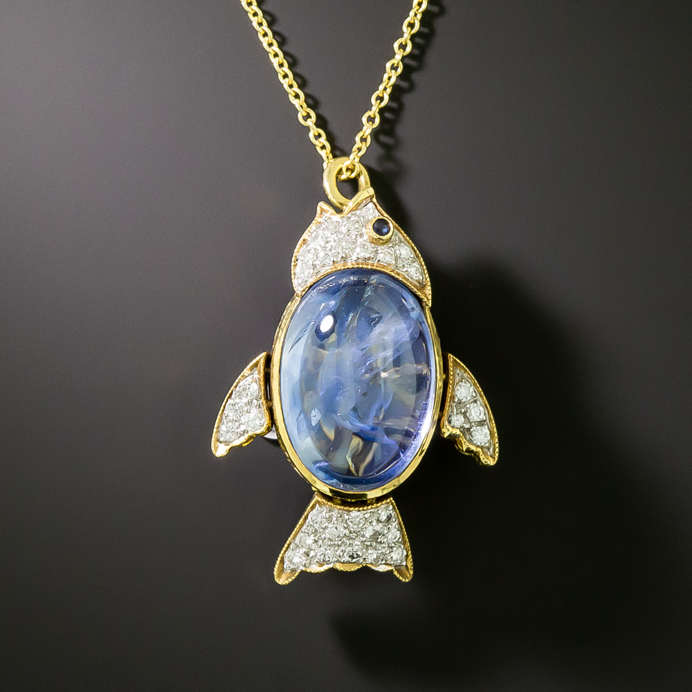 Cabochon Sapphire and Diamond Fish Pendant/Brooch
