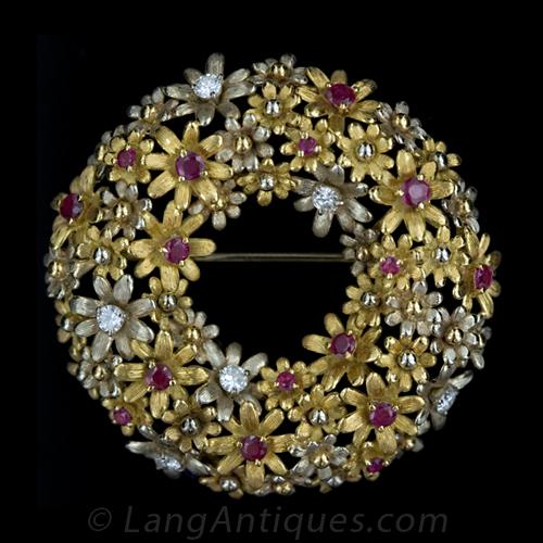 Cartier Diamond and Ruby Wreath Pin