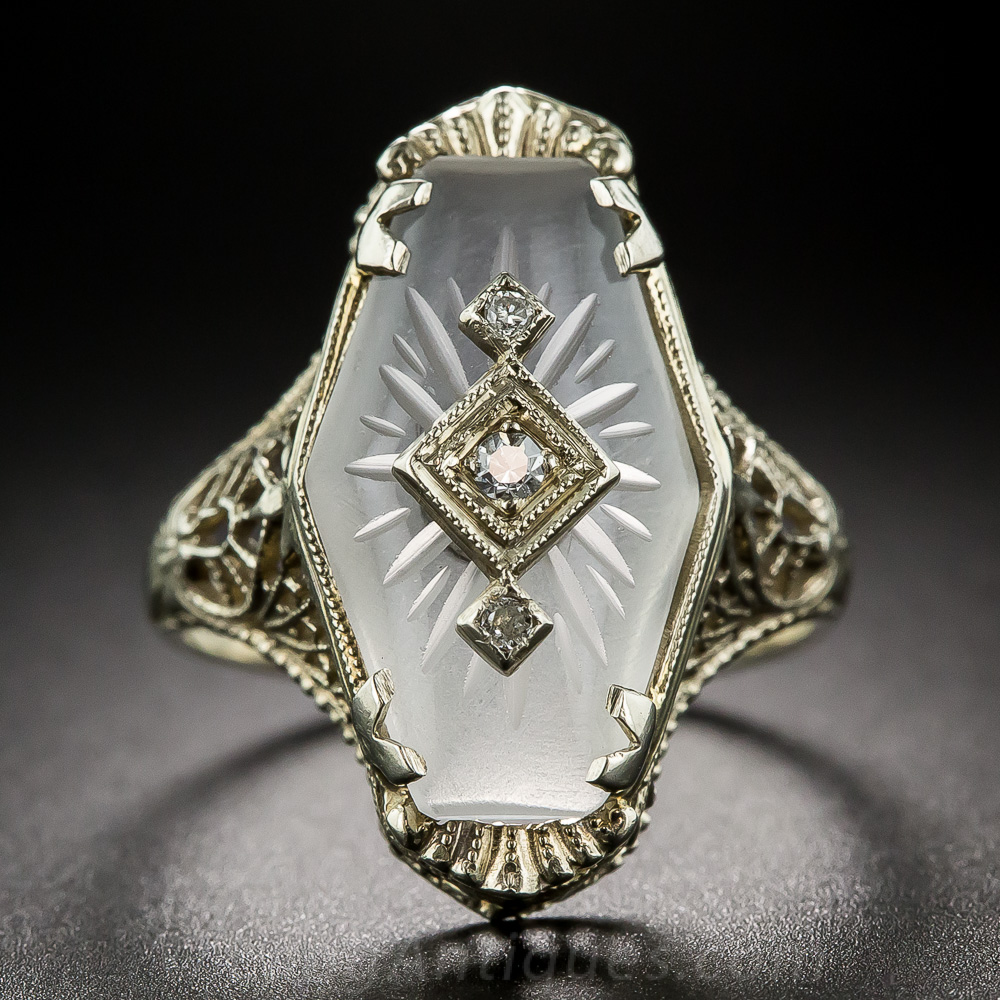 Carved Quartz Crystal and Diamond Ring