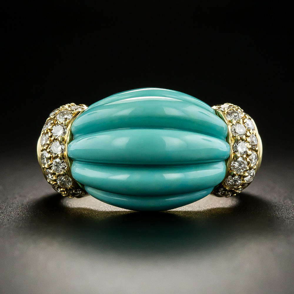 Carved Turquoise And Diamond Ring