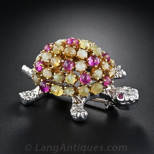 Chrysoberyl and Ruby Turtle Pin