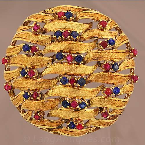 Circular Basket Weave Pin with Sapphires and Rubies