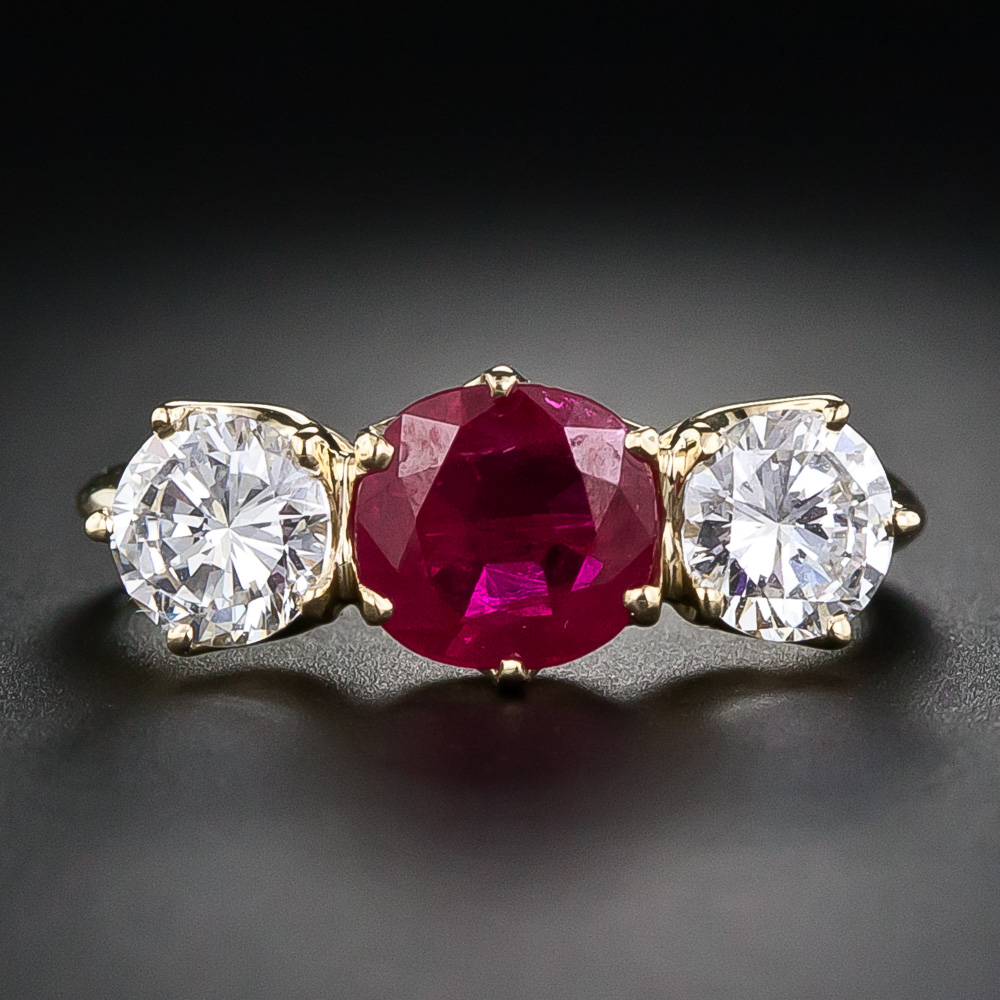 Classic 1.41 Carat Burmese Ruby and Diamond Three-Stone Ring - GIA