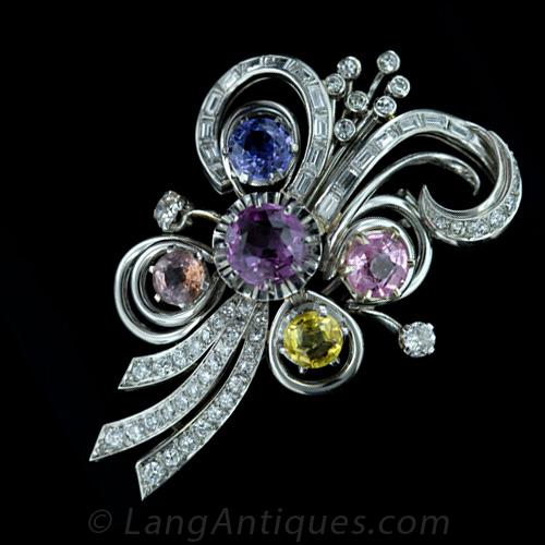 Colorful Fancy Sapphire and Diamond Pin in Platinum