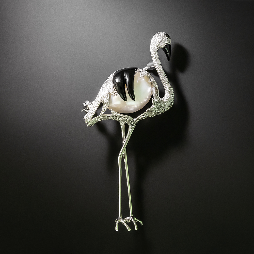 Contemporary Diamond and Pearl Crane Brooch