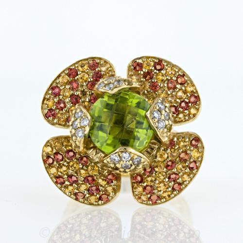 Contemporary Peridot, Sapphire and Diamond Flower Ring