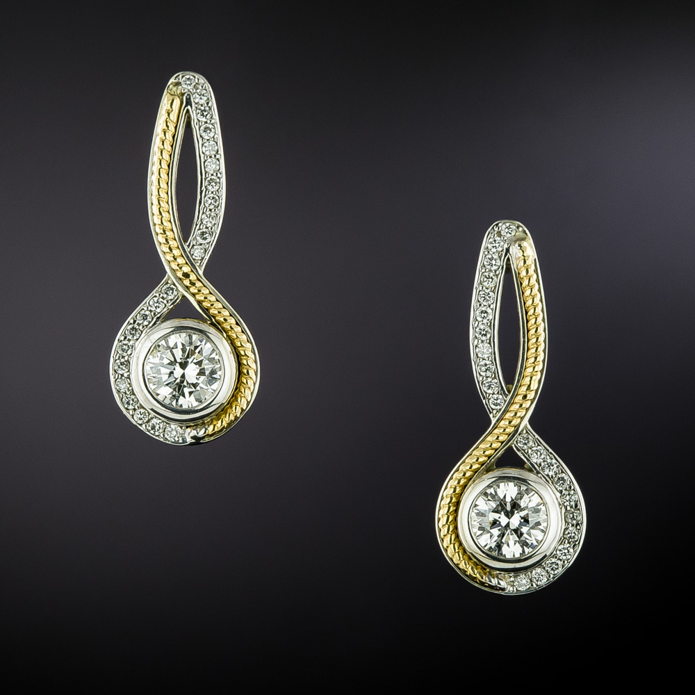 Contemporary Two-Tone Diamond Drop Scroll Earrings