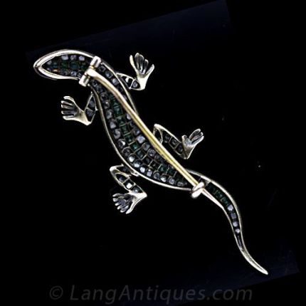 Antique Diamond and Emerald Salamander Pin