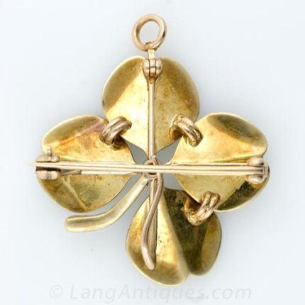 Antique Enamel and Seed Pearl Four Leaf Clover Pin