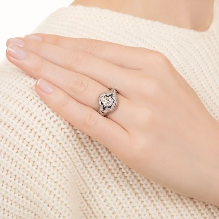 Art Deco .80 Carat Diamond and Calibre Sapphire Ring, Size 7